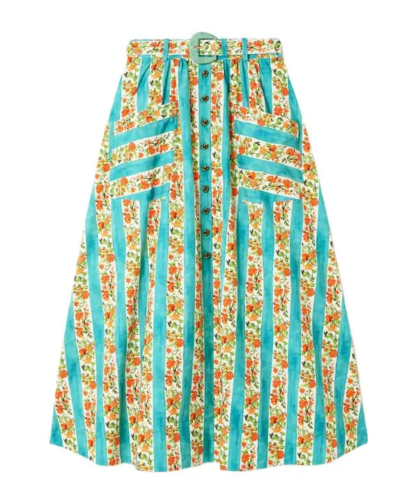 Saloni Striped Floral Print Midi Skirt - No
