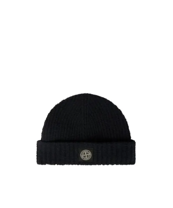 Stone Island Ribbed Knit Beanie With Compass Logo Patch