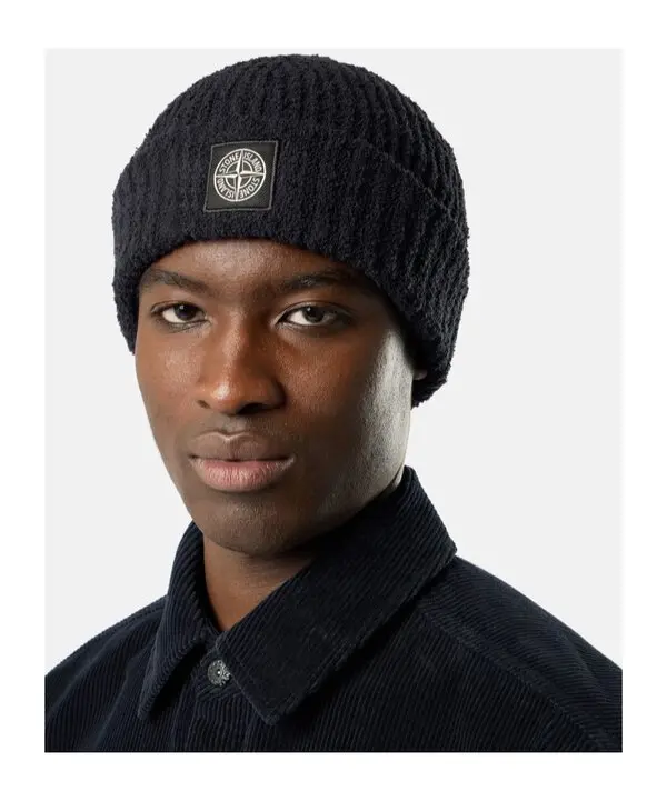 Stone Island Ribbed Knit Beanie With Compass Logo Patch