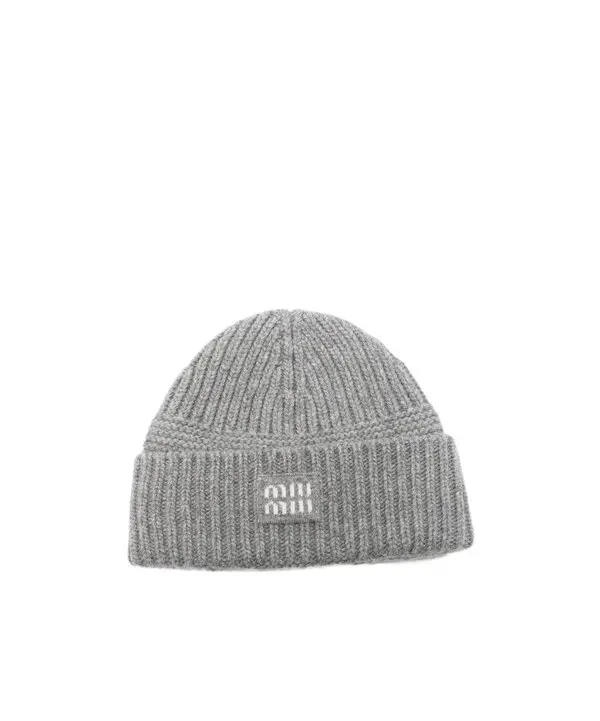 Miu Miu Logo-patch Ribbed-knit Wool Beanie - Grey