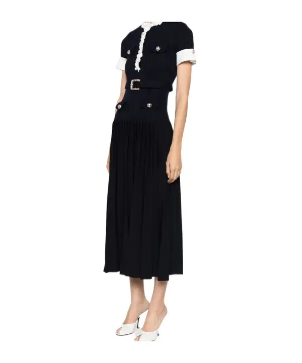 SELF-PORTRAIT Belted Floral-embellished Ribbed Midi Dress