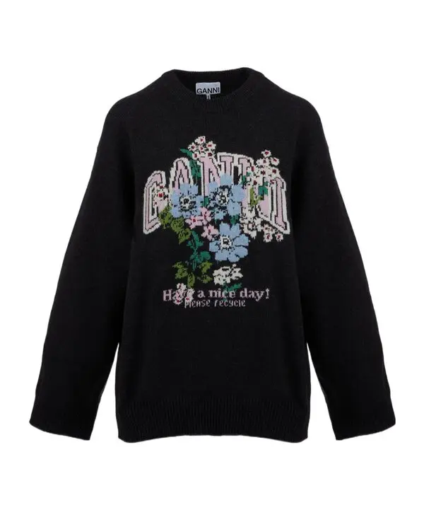 GANNI Oversized Floral Logo Knitted Sweater - Phantom Black