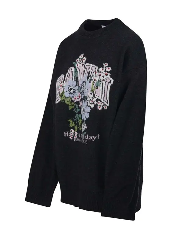 GANNI Oversized Floral Logo Knitted Sweater - Phantom Black