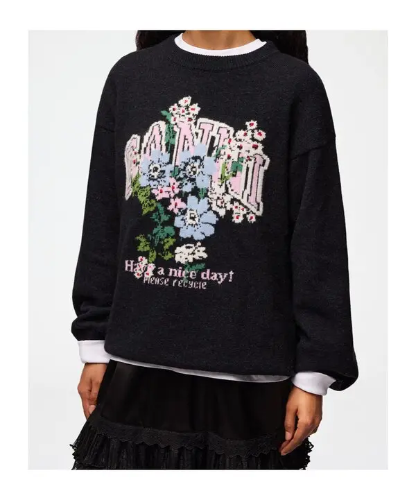GANNI Oversized Floral Logo Knitted Sweater - Phantom Black