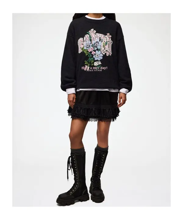 GANNI Oversized Floral Logo Knitted Sweater - Phantom Black
