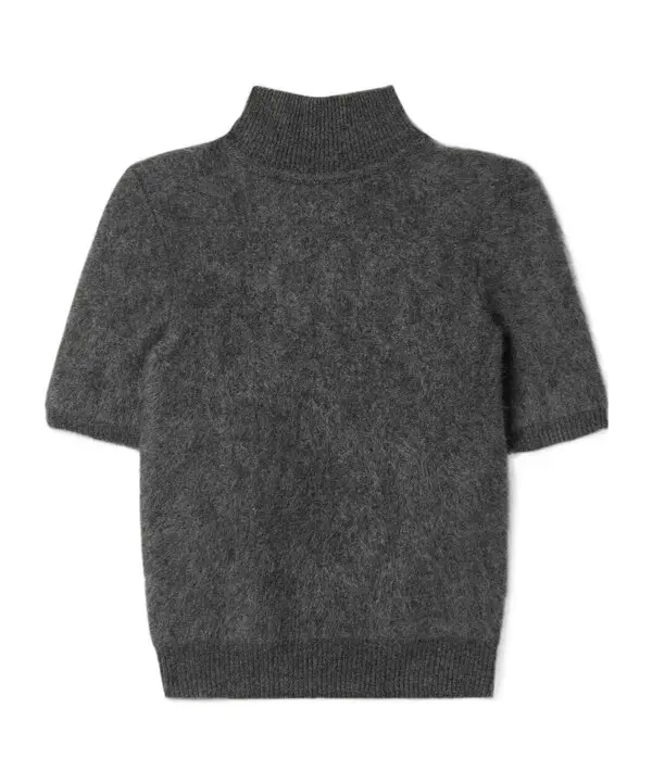 Adam Lippes Fuzzy Knit Mock Neck Short Sleeve Top