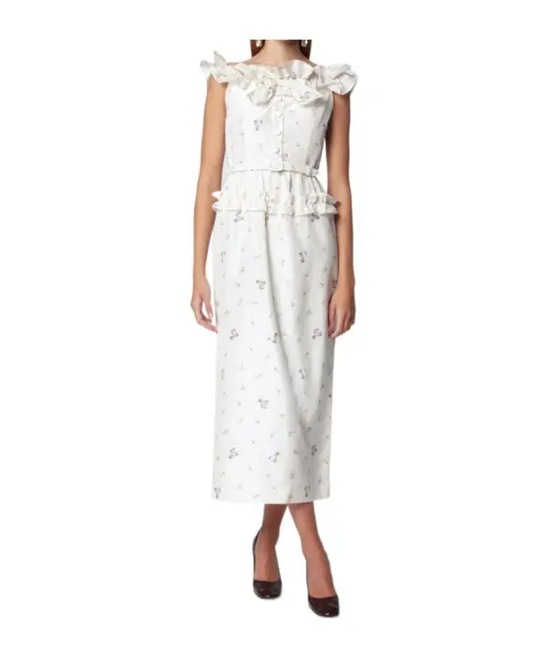 Alessandra Rich White Silk Midi Dress With Floral Pattern - Ivory