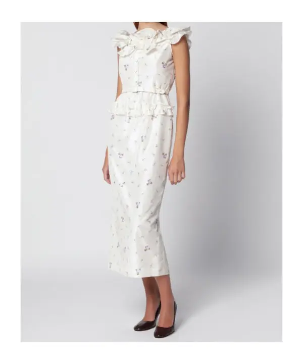 Alessandra Rich White Floral Silk Midi Dress With Ruffles And Bow Detail