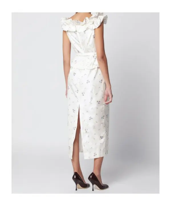 Alessandra Rich White Floral Silk Midi Dress With Ruffles And Bow Detail