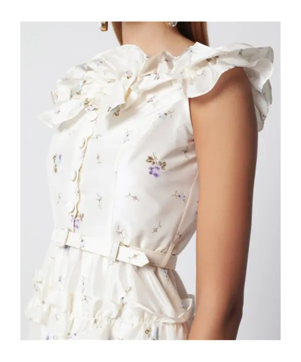 Alessandra Rich White Floral Silk Midi Dress With Ruffles And Bow Detail