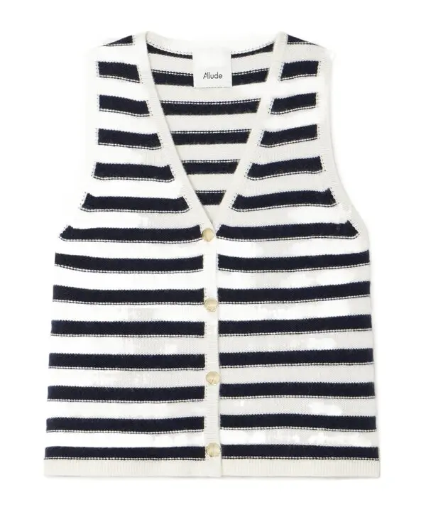 ALLUDE Striped V-neck Knit Vest - No