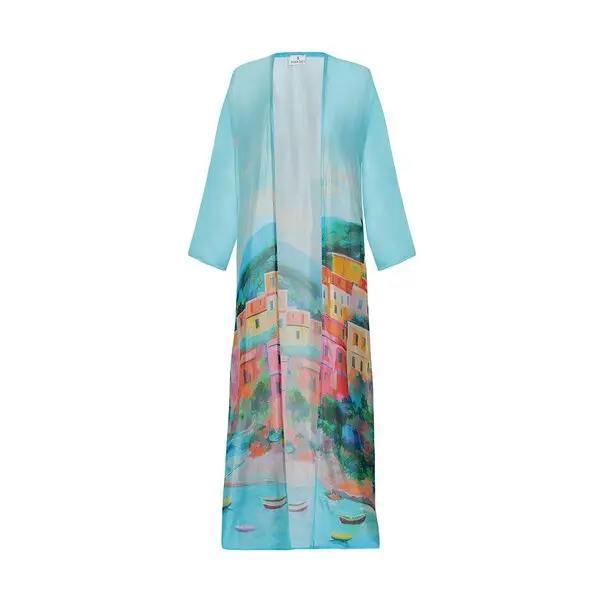 DHARA SHETH, DUBAI Green / Blue La Dolce Riviera Mediterranean Long Kimono Dress Blue,green & Multicolor Beach Cover Up - Green/blue