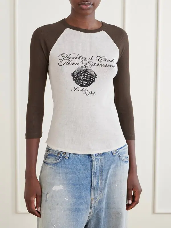 Acne Studios Printed Cotton-ribbed Raglan T-shirt - Neutrals