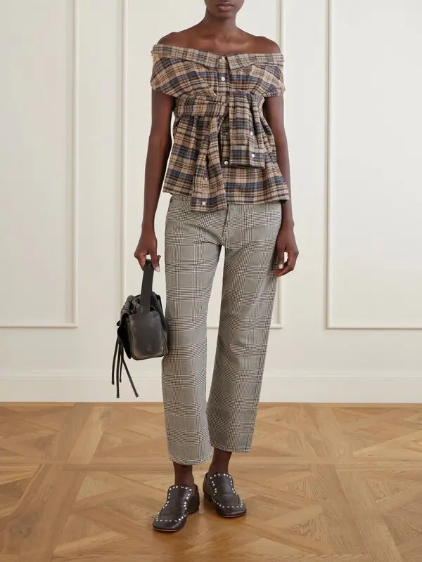 R13 Checked Cotton-flannel Off-the-shoulder Blouse