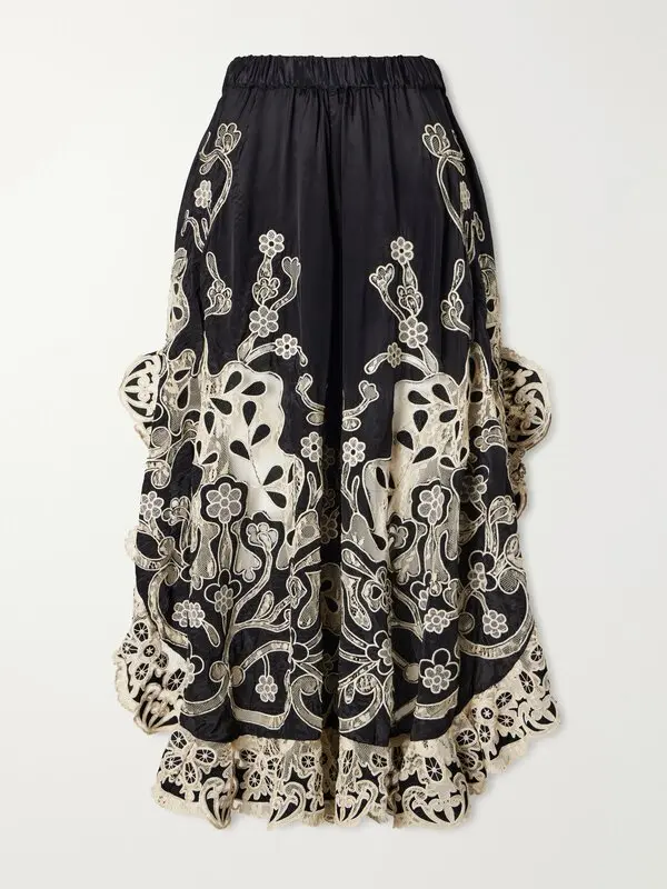 Sea Gracelyn Embroidered Ruffled Cotton Wide-leg Pants - Black