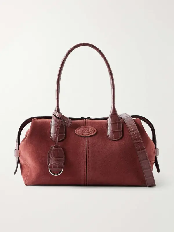 TOD'S Bauletto Croc-effect Leather-trimmed Suede Mini Bag