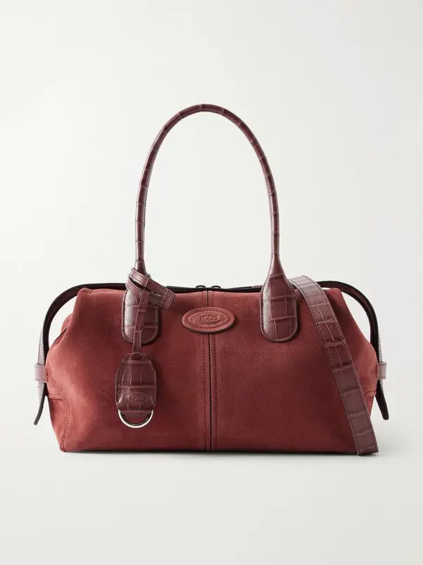 TOD'S Bauletto Croc-effect Leather-trimmed Suede Mini Bag