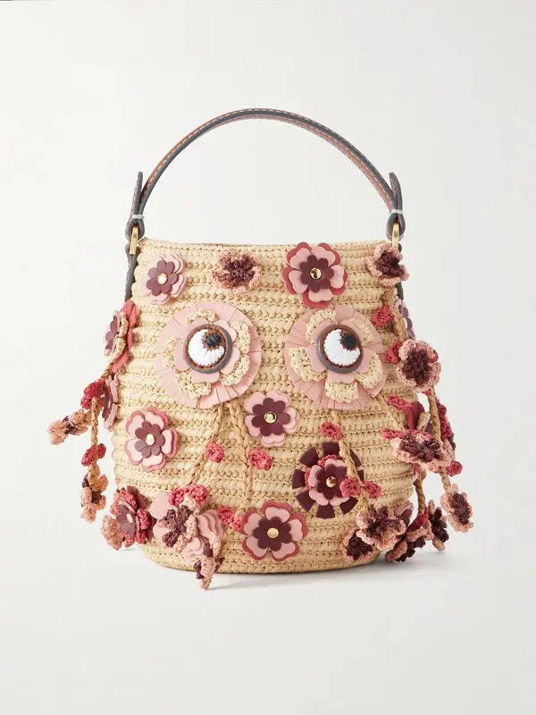 ANYA HINDMARCH Blossom Creature Embellished Raffia Mini Bag - Neutrals