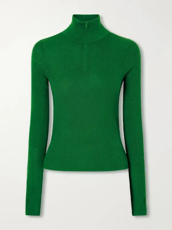 THE FRANKIE SHOP Sade Ribbed Wool And Silk-blend Half-zip Sweater - Green