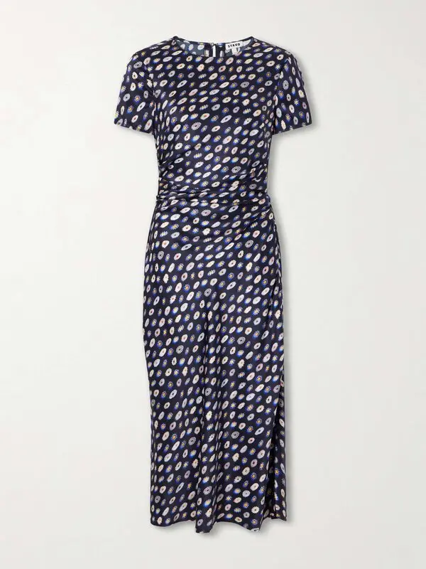 Staud Marcel Printed Ruched Silk-blend Satin Midi Dress