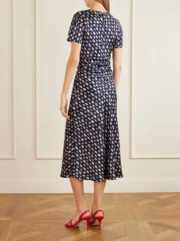 Staud Marcel Printed Ruched Silk-blend Satin Midi Dress