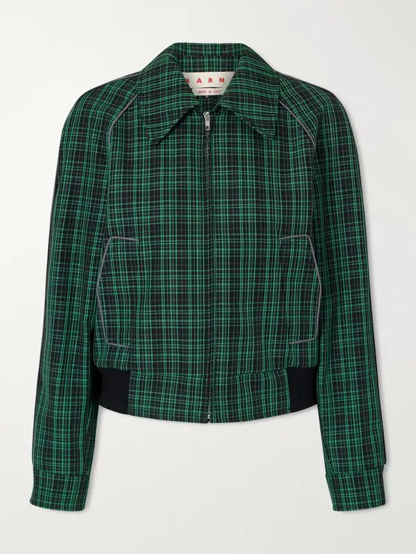 Marni Cropped Checked Wool And Cotton-blend Twill Jacket - Green