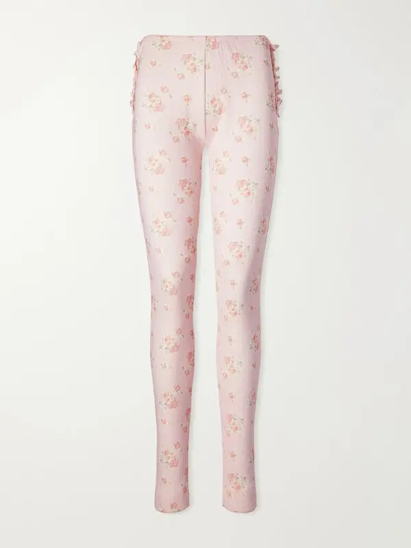 Simone Rocha Ruffled Floral-print Pointelle-knit Cotton-jersey Leggings - Pink
