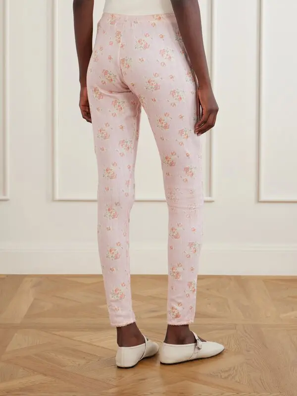 Simone Rocha Ruffled Floral-print Pointelle-knit Cotton-jersey Leggings - Pink
