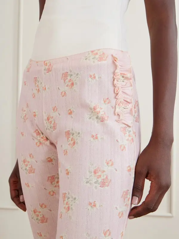 Simone Rocha Ruffled Floral-print Pointelle-knit Cotton-jersey Leggings - Pink