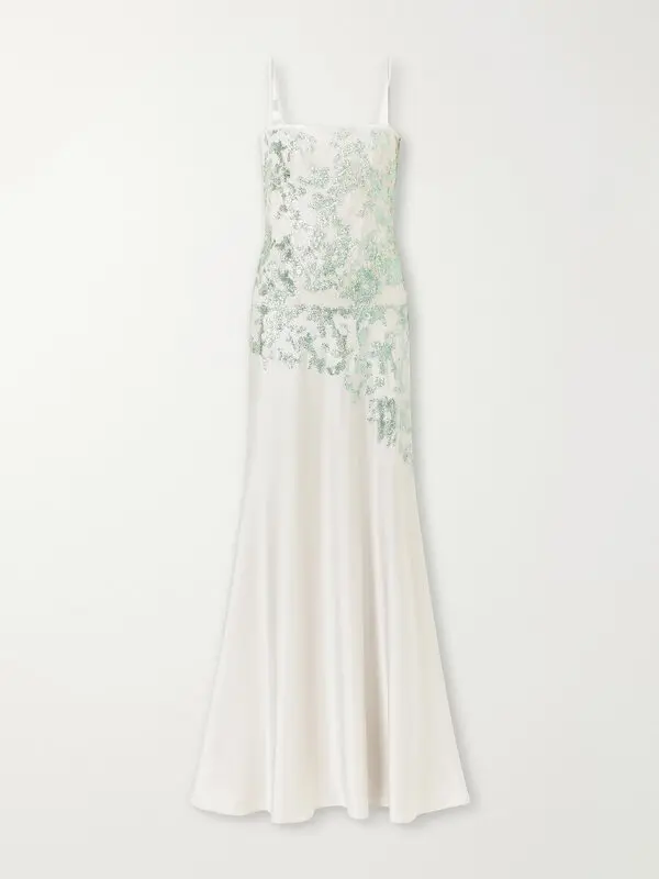 Costarellos Jennan Sequin-embroidered Satin Gown - Green