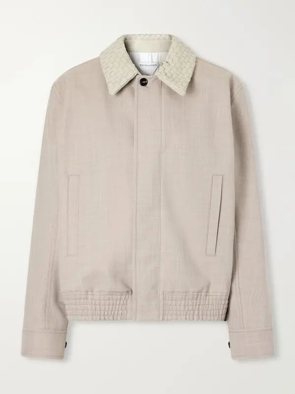 Bottega Veneta Intrecciato Leather-trimmed Cotton And Linen-blend Jacket - Neutrals