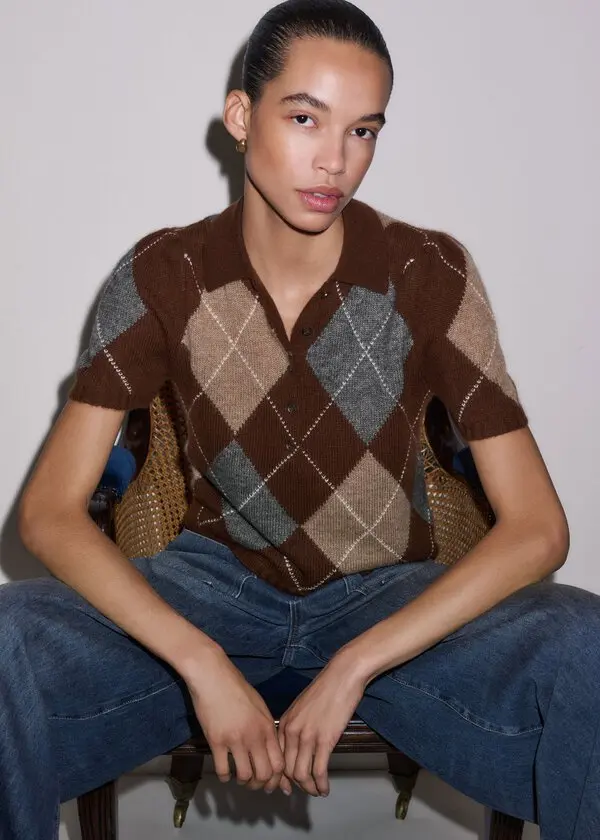 ME+EM Merino Cashmere Silk Argyle Puff Sleeve Knit Polo