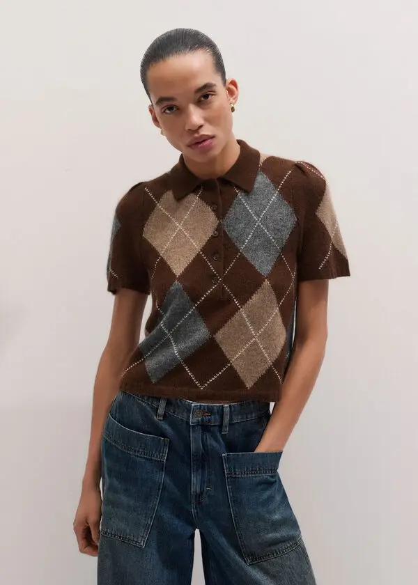 ME+EM Merino Cashmere Silk Argyle Puff Sleeve Knit Polo
