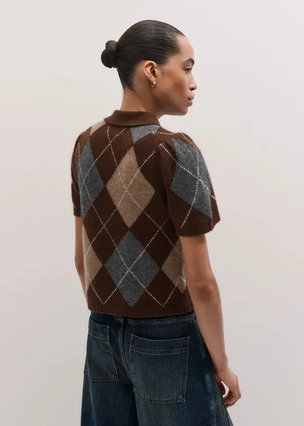 ME+EM Merino Cashmere Silk Argyle Puff Sleeve Knit Polo