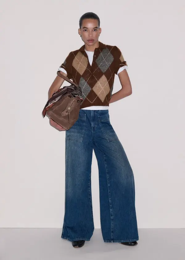 ME+EM Merino Cashmere Silk Argyle Puff Sleeve Knit Polo