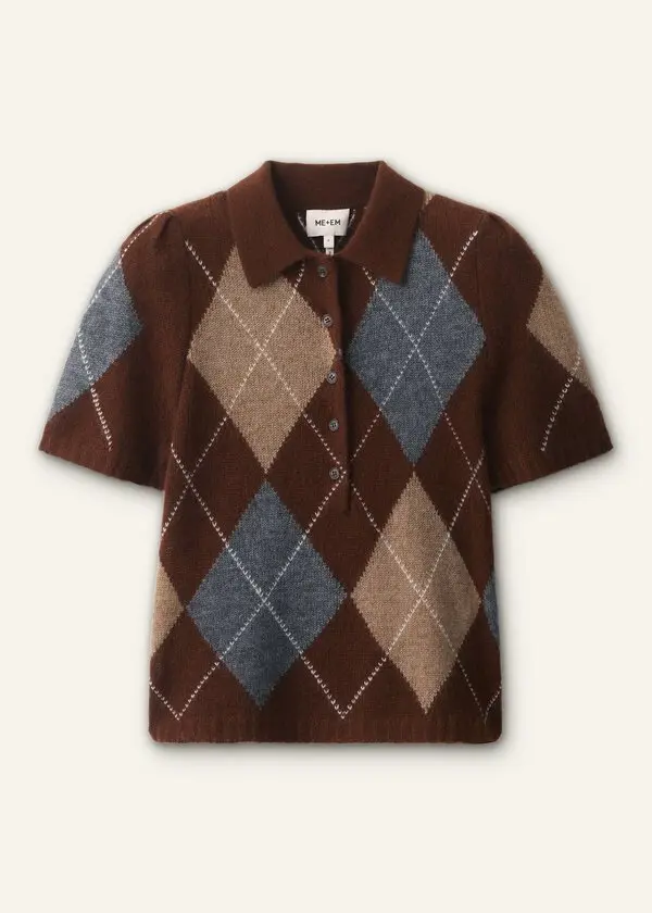 ME+EM Merino Cashmere Silk Argyle Puff Sleeve Knit Polo