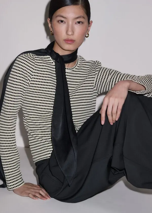 ME+EM Textured Stripe Puff Sleeve Top Cream-black