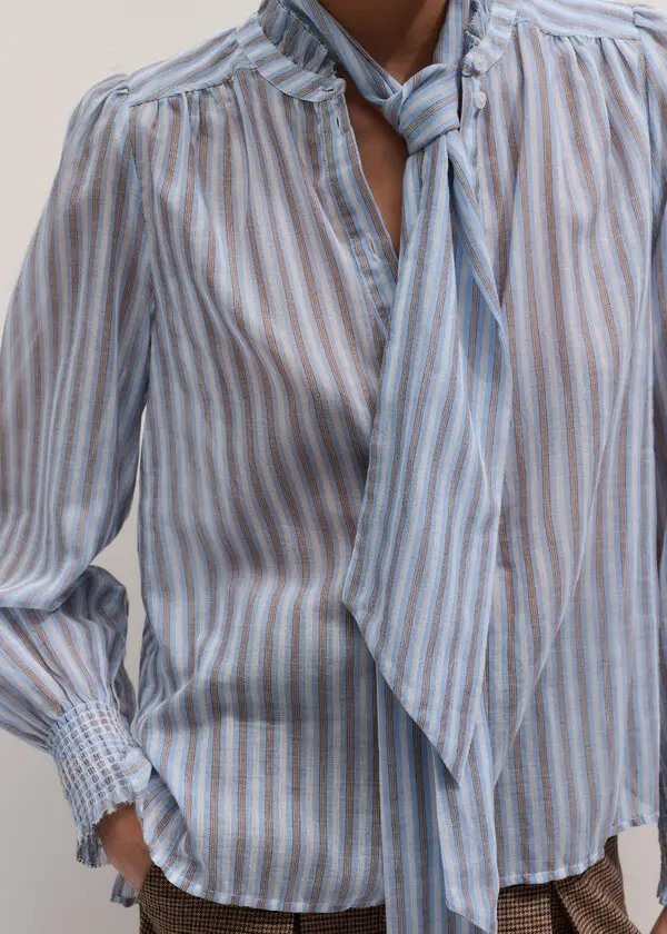 ME+EM Cotton Voile Stripe Blouse + Tie - Blue Multi