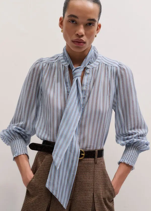 ME+EM Cotton Voile Striped Blouse With Neck Tie