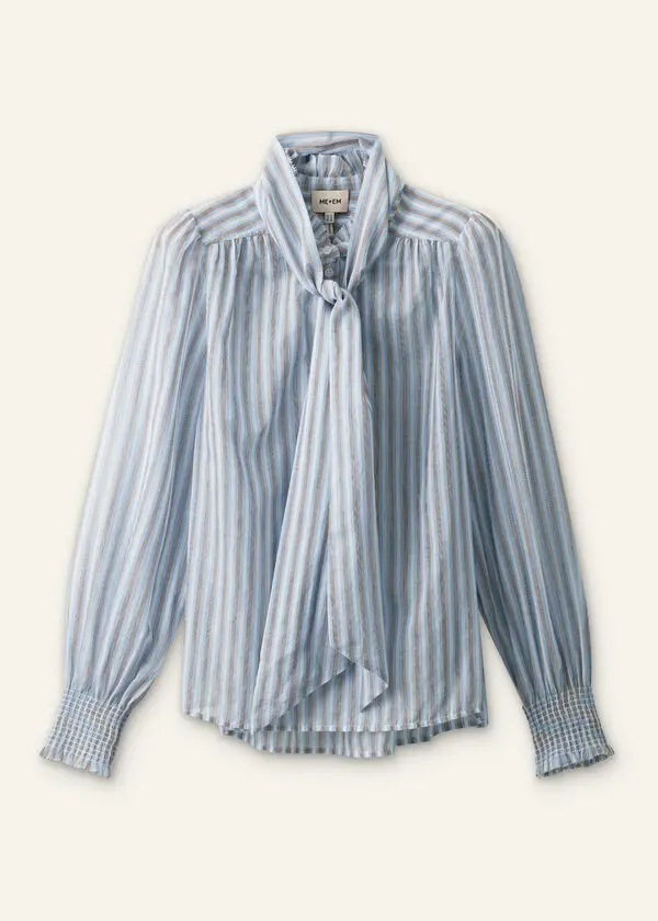 ME+EM Cotton Voile Striped Blouse With Neck Tie