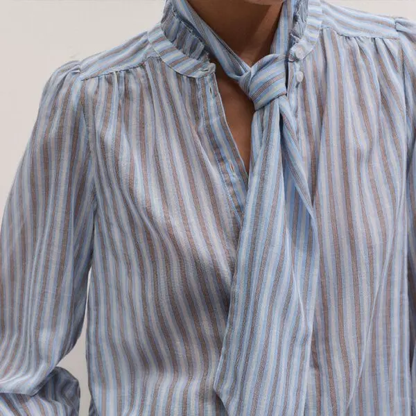 ME+EM Cotton Voile Striped Blouse With Neck Tie