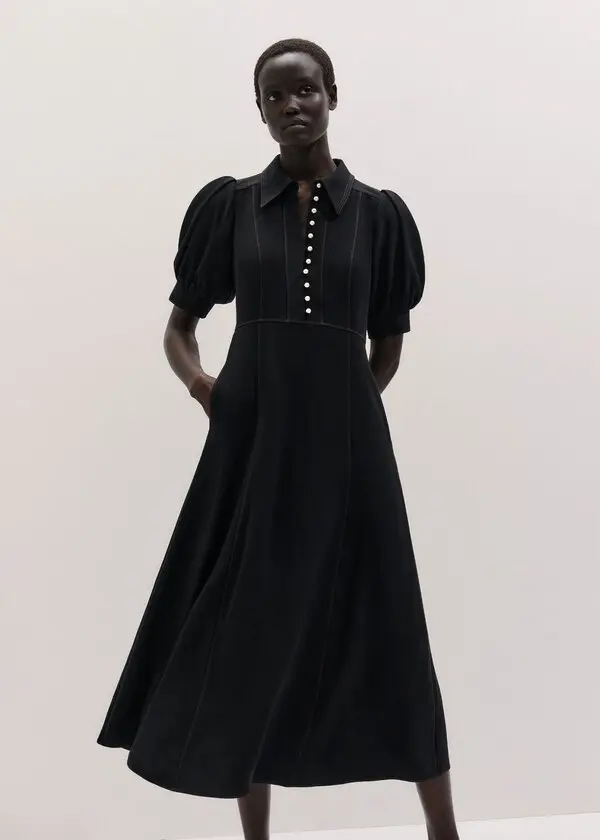 ME+EM Contrast Stitch Fit And Flare Midi Shirt Dress - Black