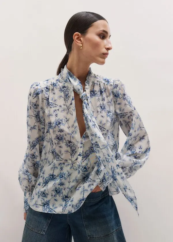 ME+EM Silk Cotton Blend Floral Print Shirt With Tie Neck - Blue Multi