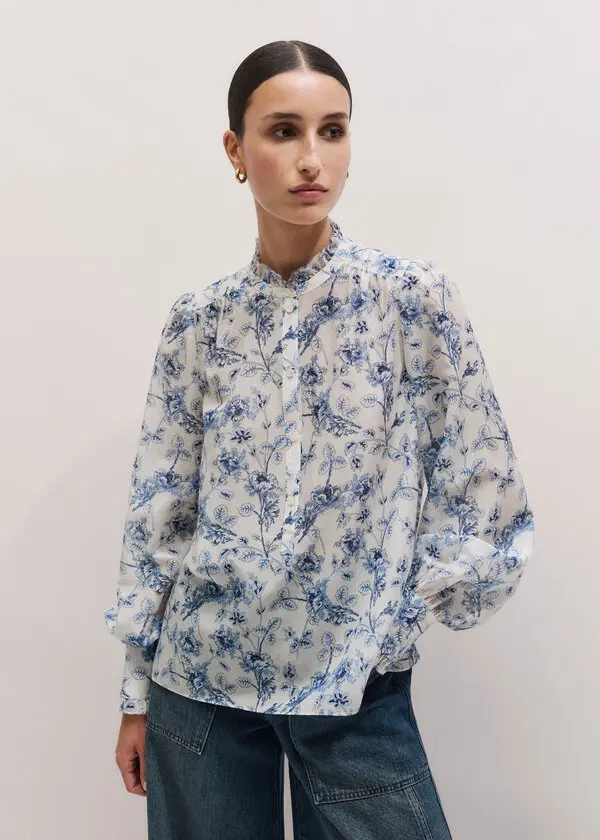 ME+EM Silk Cotton Blend Floral Print Shirt With Tie Neck