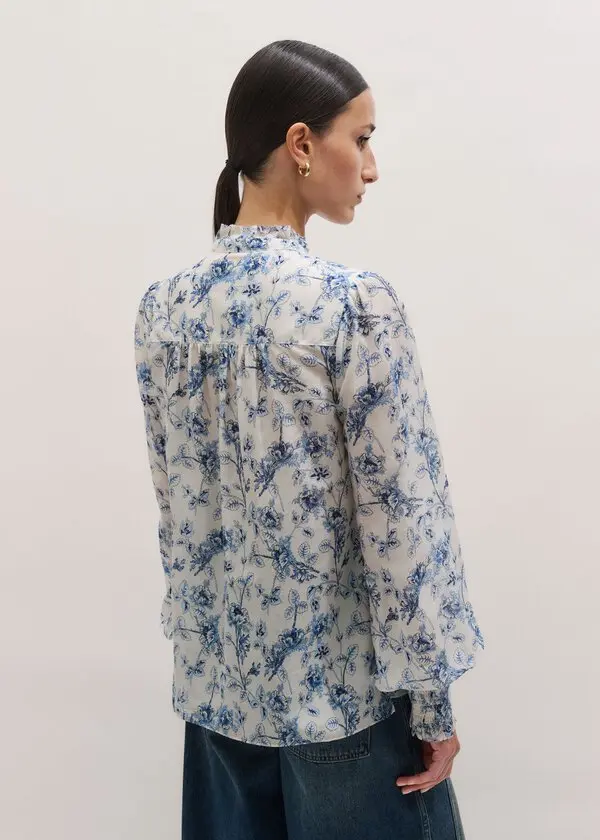 ME+EM Silk Cotton Blend Floral Print Shirt With Tie Neck