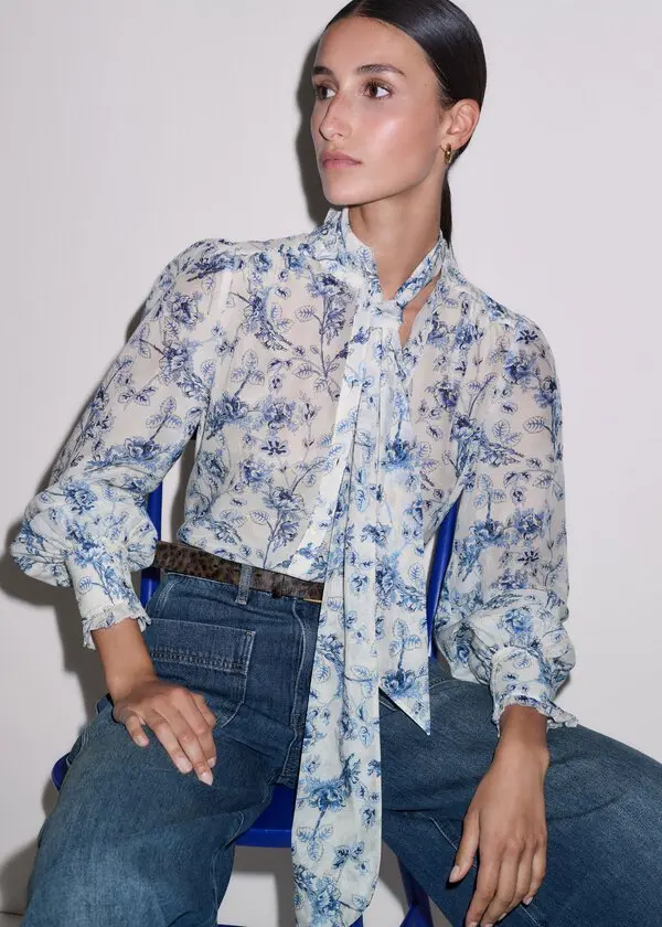 ME+EM Silk Cotton Blend Floral Print Shirt With Tie Neck