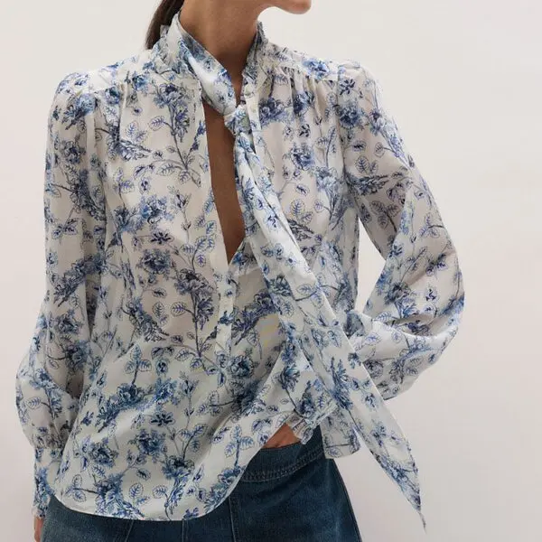 ME+EM Silk Cotton Blend Floral Print Shirt With Tie Neck