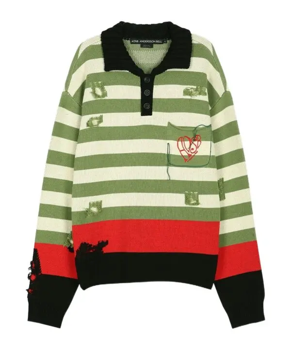Andersson Bell Striped Distressed Knit Polo Shirt