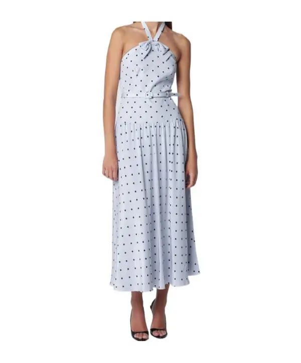 Alessandra Rich Polka Dot Halterneck Midi Dress - Light Blue/blue
