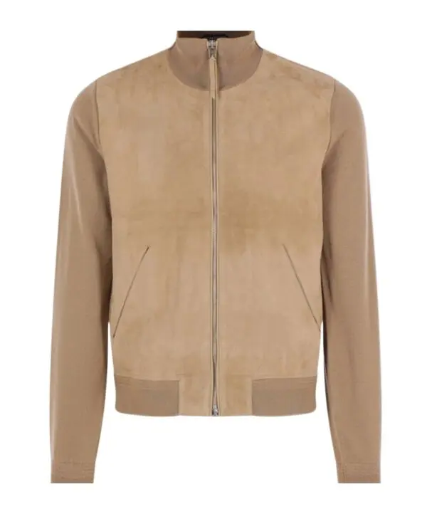 TOM FORD Suede Front Merino Wool Zip-up Jacket - Beige